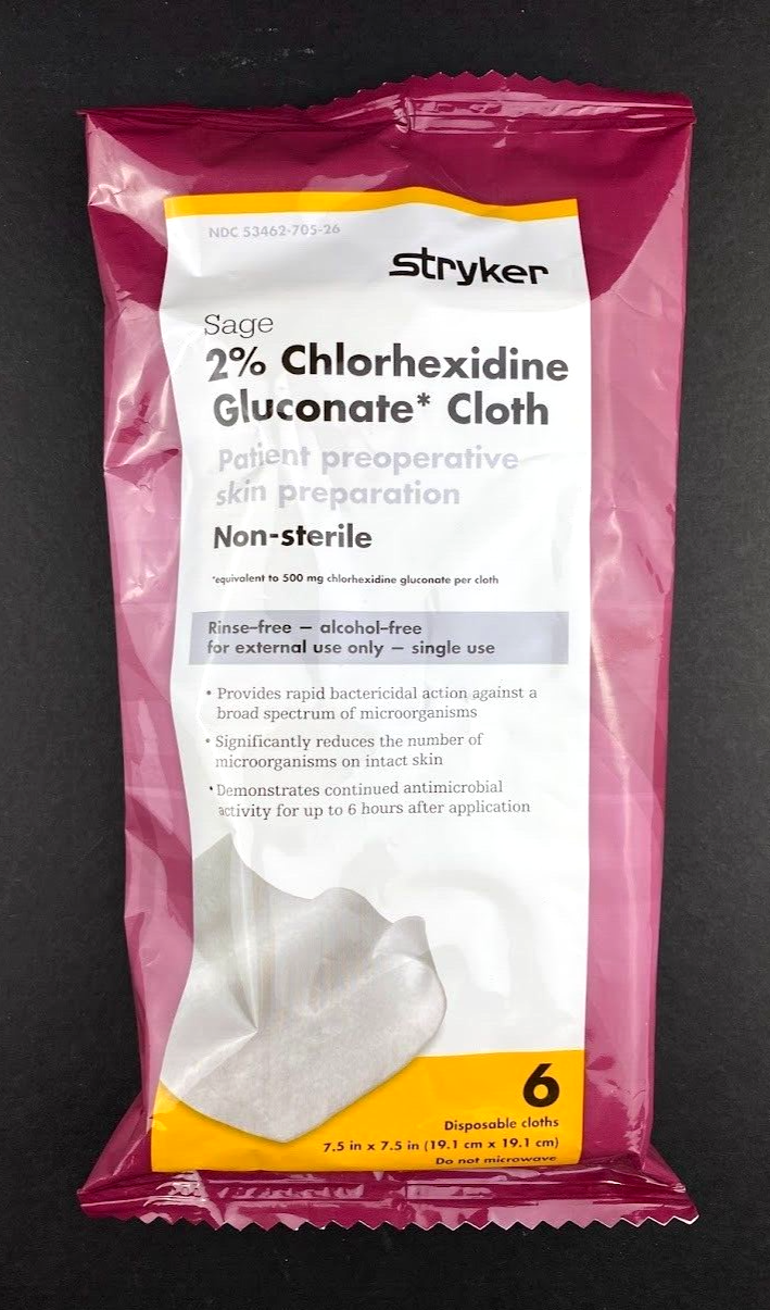 Stryker Sage 2% Chlorhexidine Gluconate Cloth Patient Pre Op Skin Prep ...