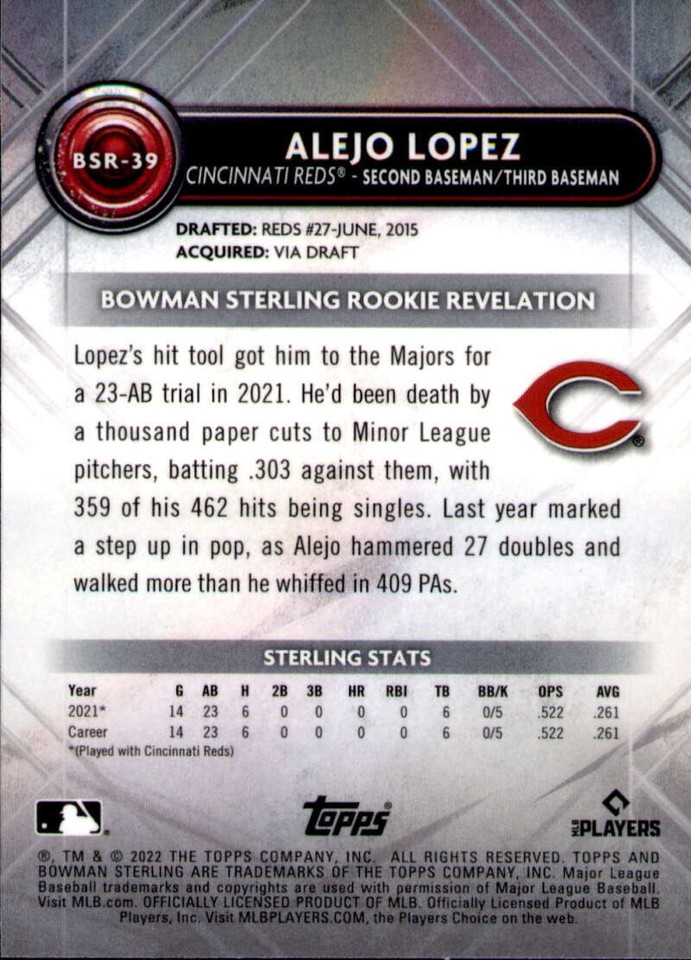 2022 Bowman Sterling Rookies #BSR-39 Alejo Lopez RC Rookie Cincinnati ...