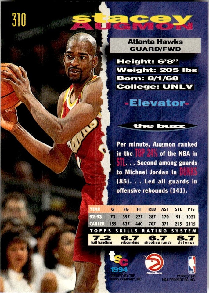 1993-94 Stadium Club Basketball Card Stacey Augmon Atlanta Hawks #310 ...