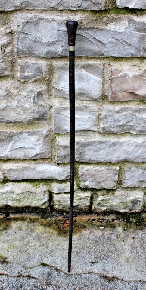 Antique 1800's cane STACKED LEATHER ball swagger stick metal 34.5 ...