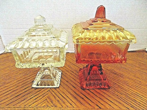 Pair Glass Square Pedestal LTD Compote Candy Dishes 1 Clear 1 Amberina ...