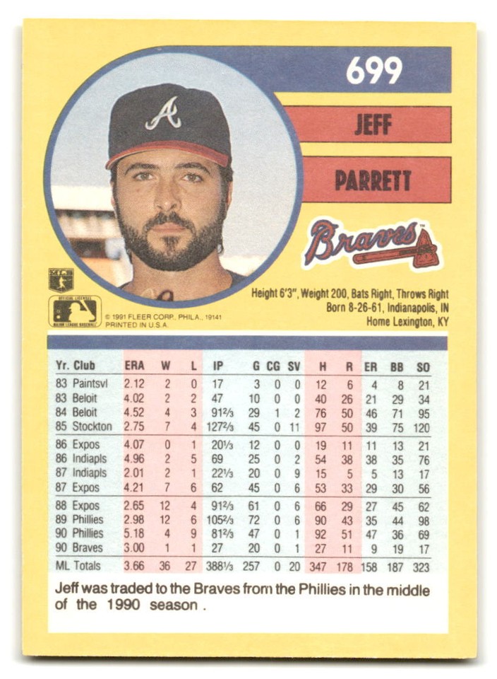 Jeff Parrett 1991 Fleer Baseball #699a Atlanta Braves "1990 season . | eBay