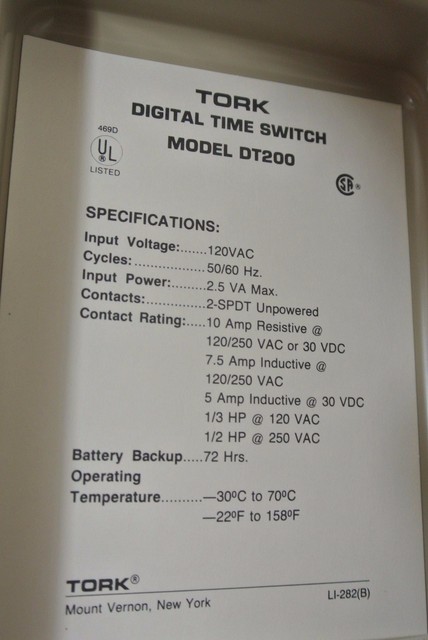 Tork Digital Time Switch SPDT DT200 365 Day Schedule 2 Channel for sale ...