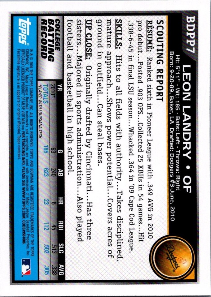 2010 Bowman Draft Prospects #BDPP7 Leon Landry Los Angeles Dodgers | eBay