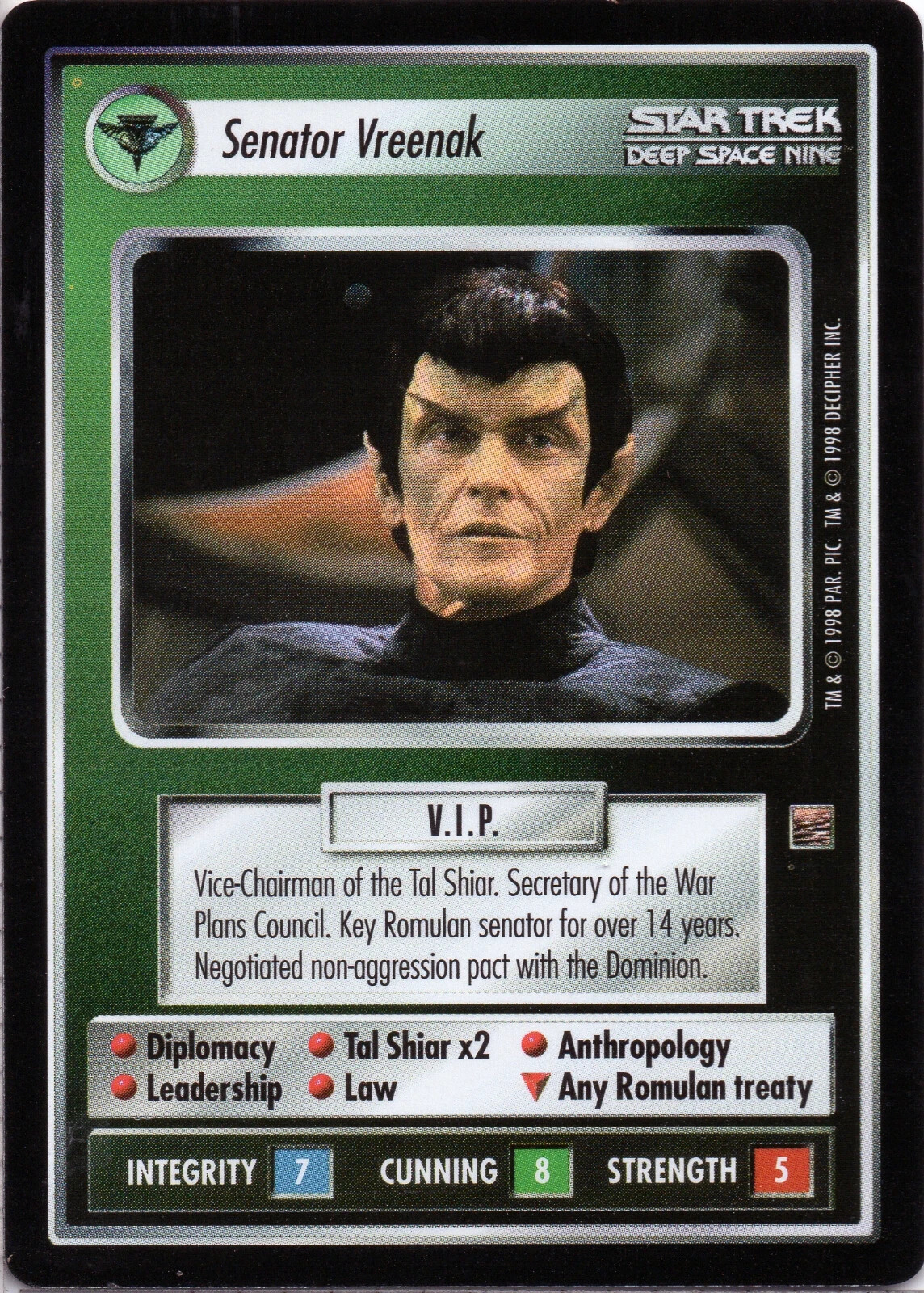 Star Trek CCG Senator Vreenak Near-Mint/NM Rare – The Dominion 1998 | eBay