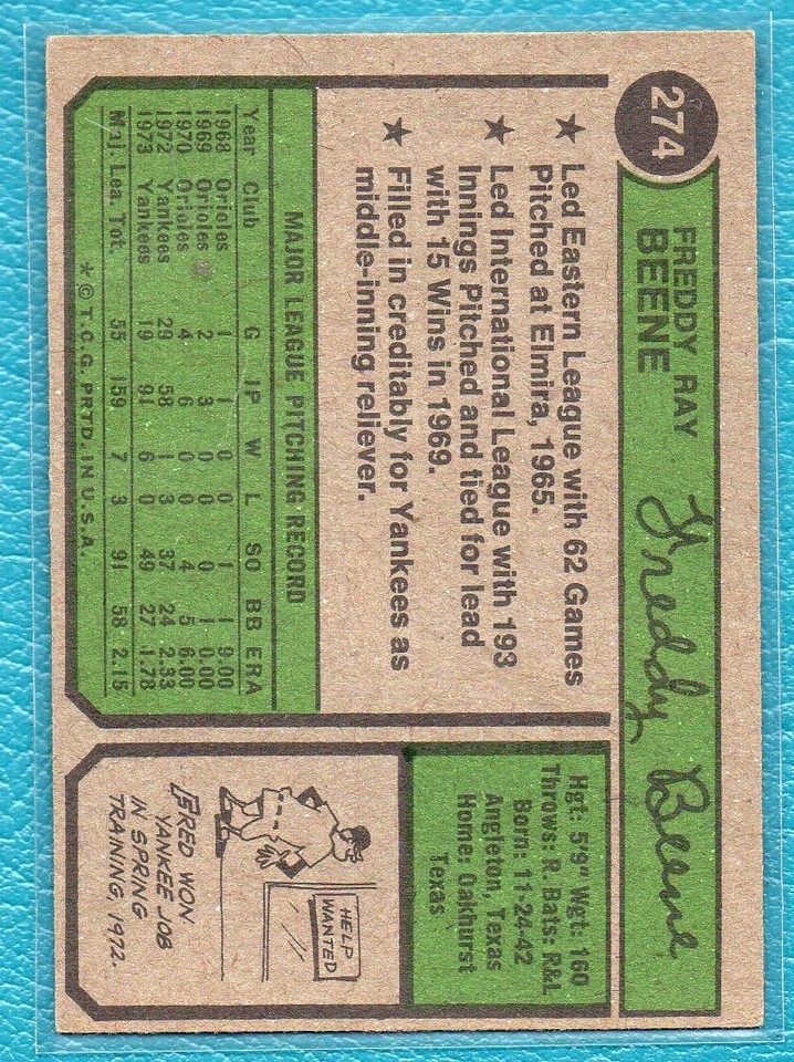 Fred Beene #274 signed autograph auto 1974 Topps Baseball Trading Card ...