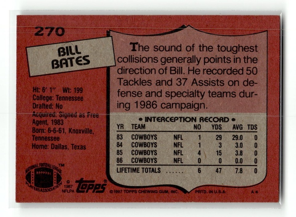 1987 Topps Football #270 Bill Bates Dallas Cowboys Safety | eBay