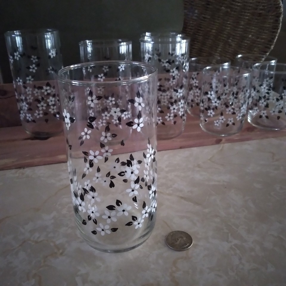 Set of 9 Libby Drinking Glasses Embossed Raised Black White Flower ...