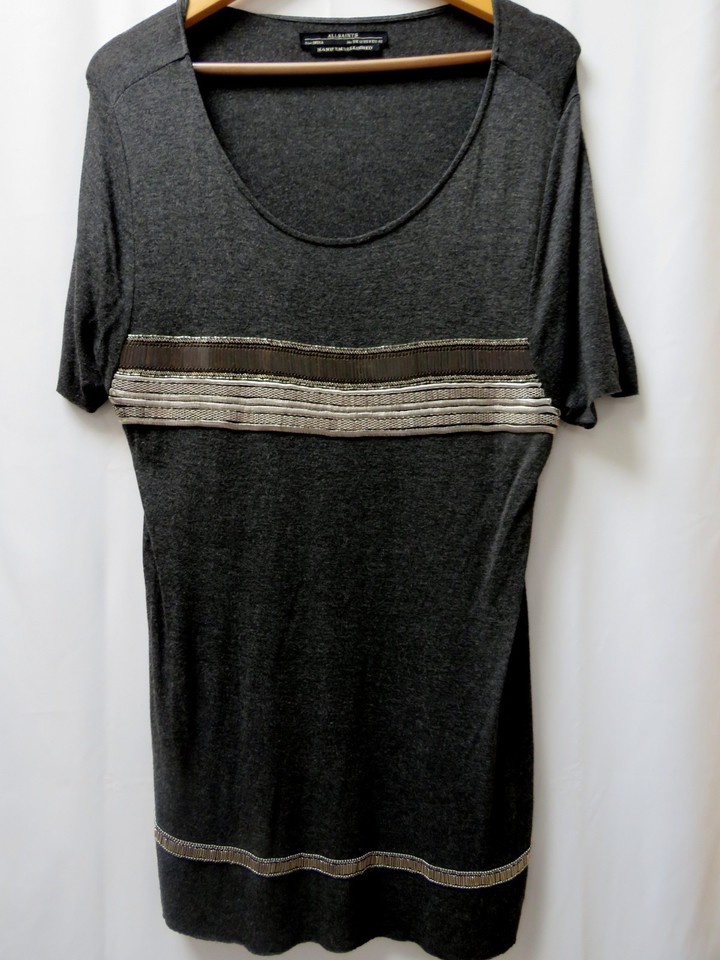 AllSaints Siri Top Size 12 Grey Hand Embellished Tunic Bead Metalwork ...