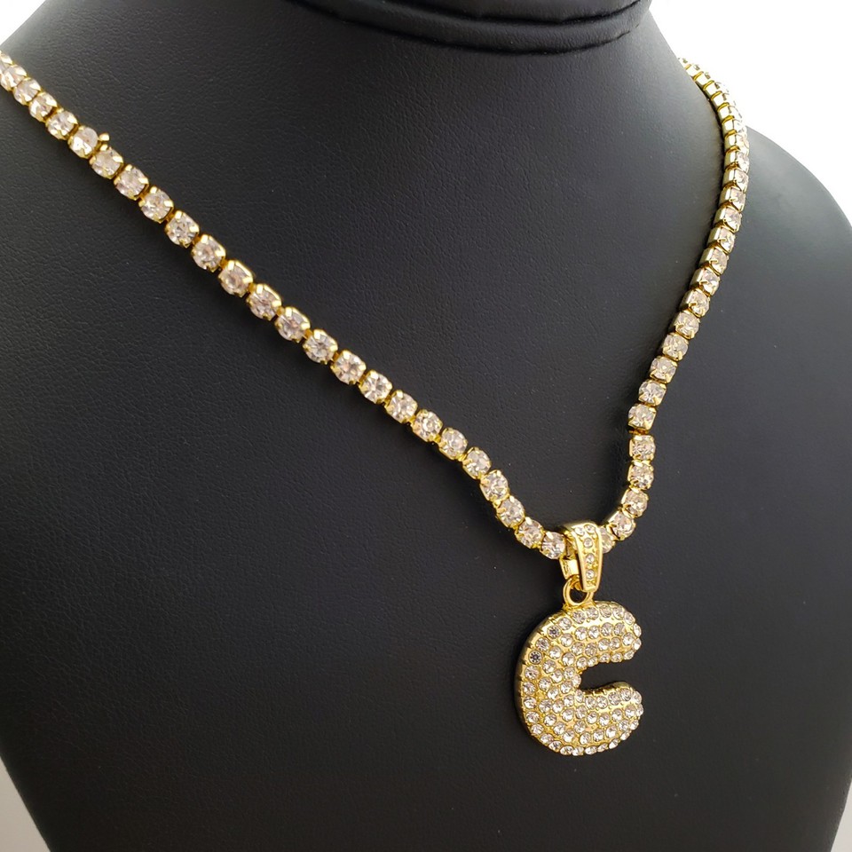 Iced Gold plated Bubble Initial Pendant & 18" 1 Row Tennis Chain ...
