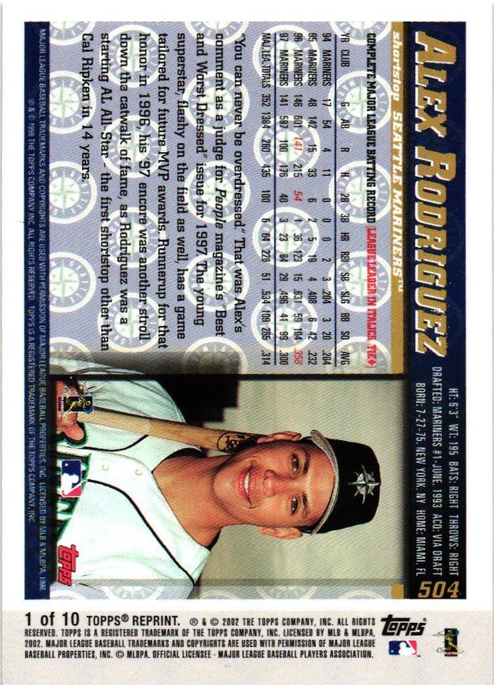 2002 Topps #1 Alex Rodriguez Archives Future Rookie Reprints | eBay