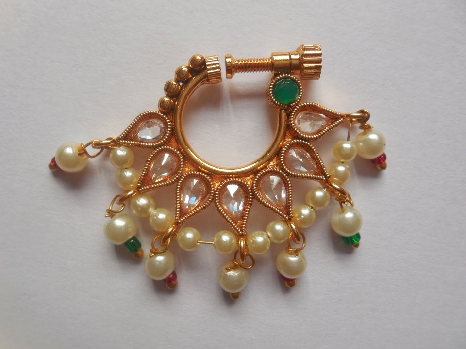 Pearl Screw Nose Ring Indian Nath Hoop Wedding Nostril Non Piercing ...