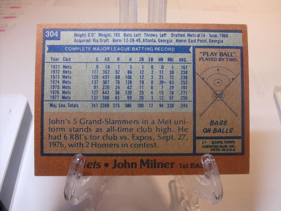 1978 Topps Baseball Card #304 - John Milner - New York Mets (80853) | eBay