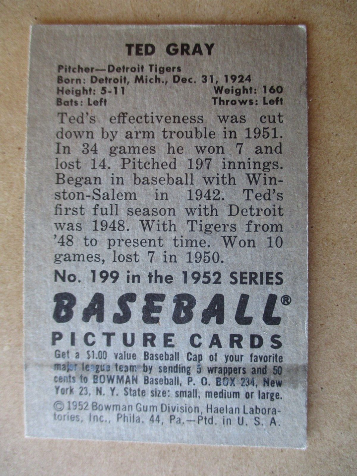 1952 Bowman TED GRAY Card #199 Detroit Tigers a | eBay