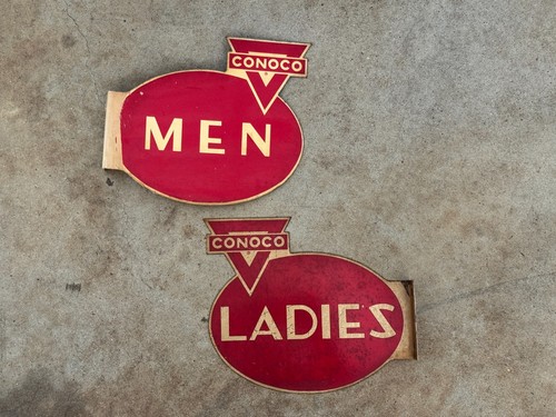 Rare antique 1940s/50s Conoco flanged MEN and LADIES restroom signs | eBay