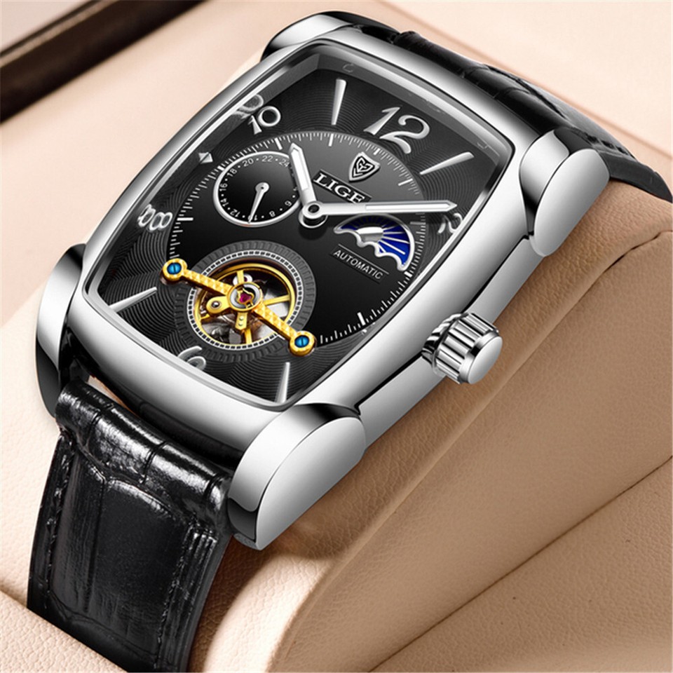 LIGE Watch Men Mechanical Automatic Wristwatch Male Leather Rectangle ...