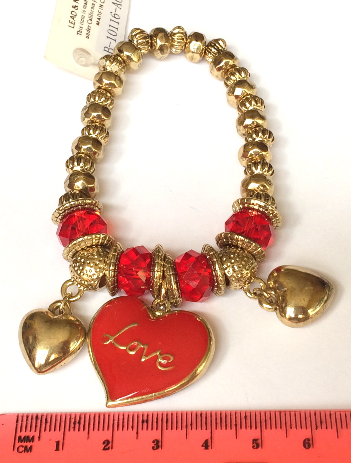 Gold Heart LOVE Charm Bracelet Red Enamel Adjustable Stretch Plated USA ...