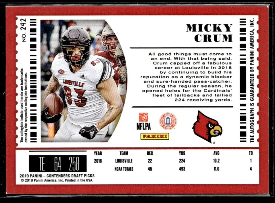 2019 Panini Contenders DP College Ticket Micky Crum Rookie Auto ...