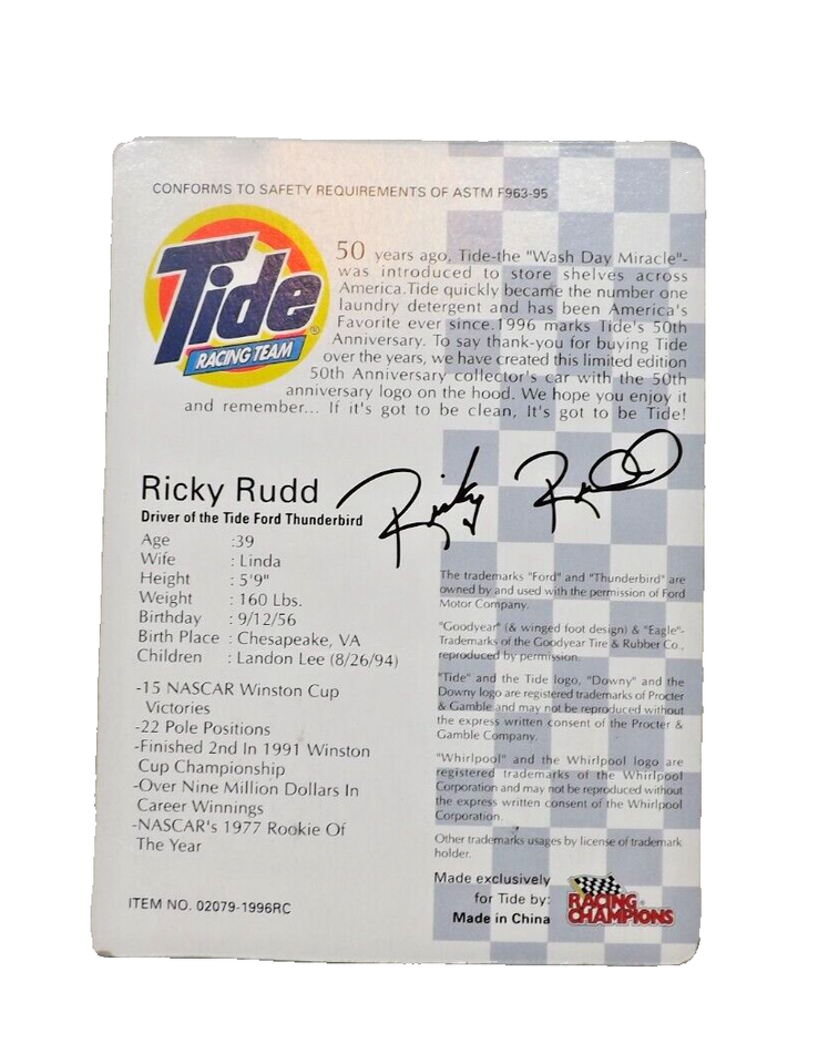 Racing Champions Tide Racing Team # 10 Ricky Rudd Collectors Edition ...