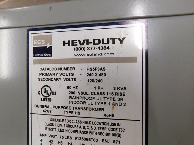 SOLA Hevi Duty HS5F3AS Transformer 3000 VA 3 KVA Single Phase 480 V 120 ...