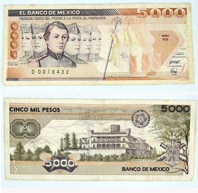 5000 CINCO MIL PESOS MEXICO BANKNOTE BILL NOTE 1989 EL BANCO DE MEXICO ...