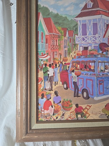 1998 Signed Harold Rigaud Framed Lithograph Canvas Haitian Market Oil ...