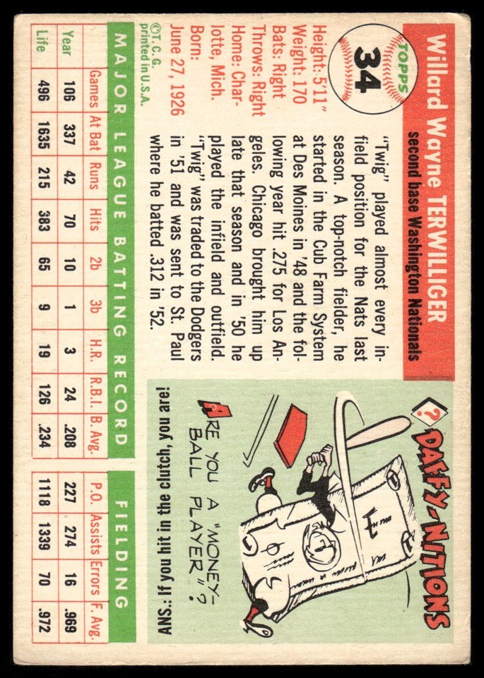1955 Topps #34 Wayne Terwilliger Washington Senators Good 48087 | eBay