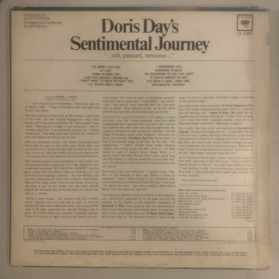 Doris Day, LP, Mono, VG, Sentimental Journey, CL-2360 | eBay UK