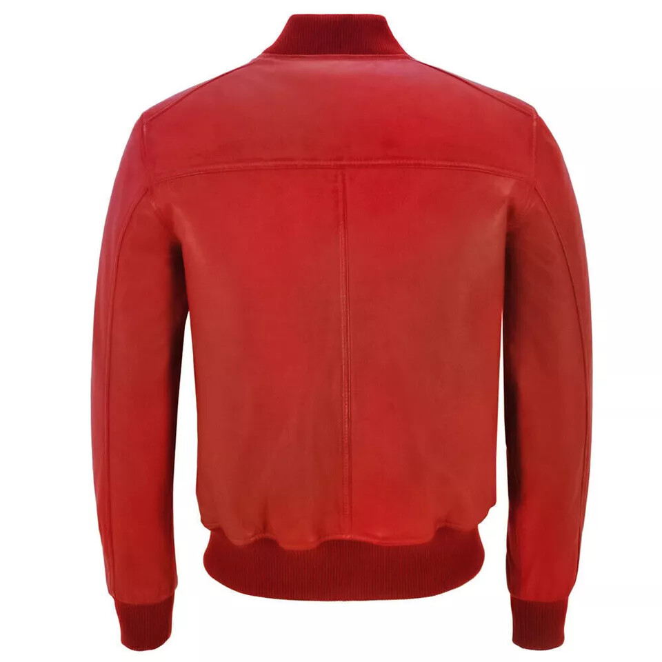 Men's Bomber Jacket Real Lambskin Leather Red Biker Motorcycle Handmade ...