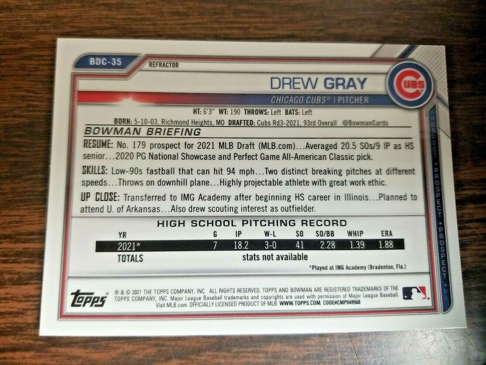 DREW GRAY 2021 1st BOWMAN CHROME CARD #BDC-35 CUBS (FIRST ROOKIE ...