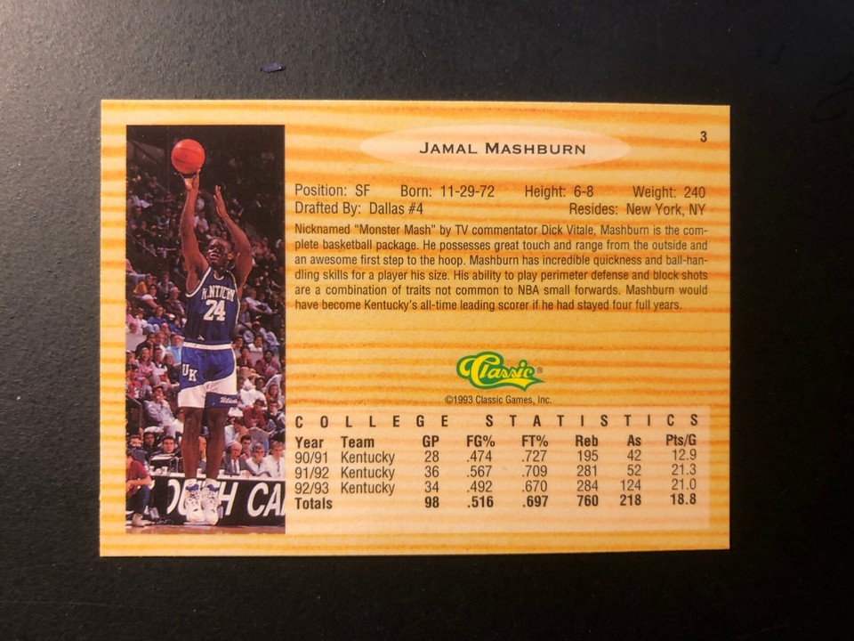 Rookie?1993 JAMAL MASHBURN Classic Basketball Card # 3 Made in USA | eBay
