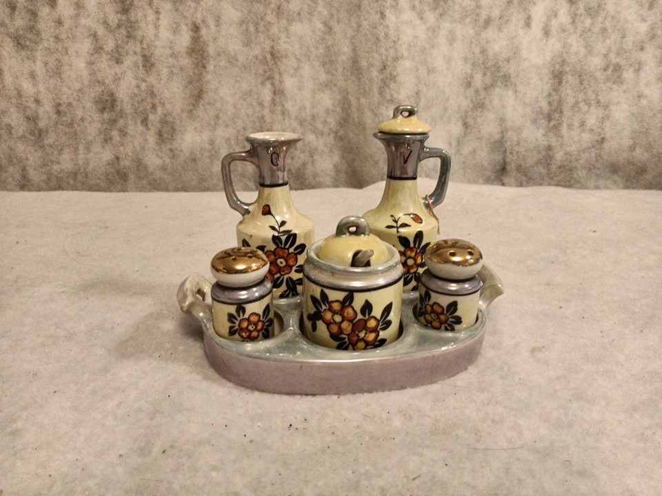 Vtg Lusterware Ceramic Condiment Set Floral Oil Vinegar Salt Pepper ...