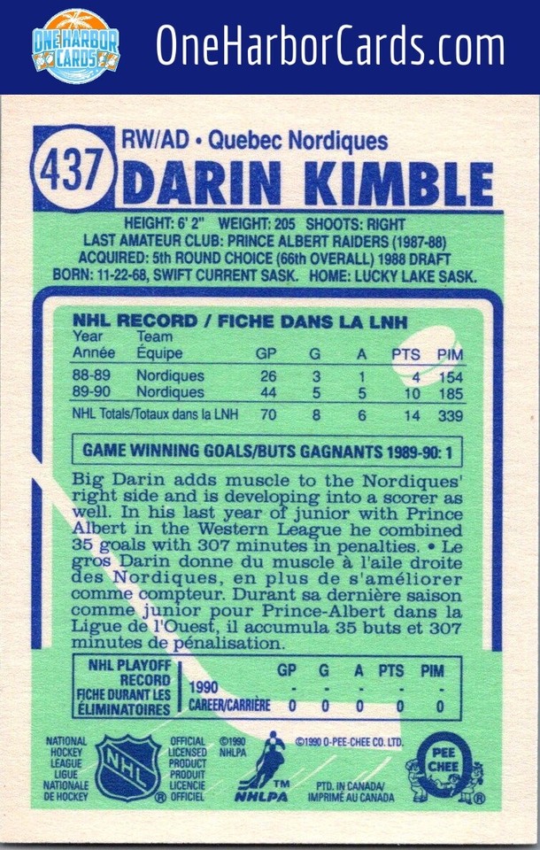 1990 O-Pee-Chee Quebec Nordiques Hockey Card #437 Darin Kimble | eBay