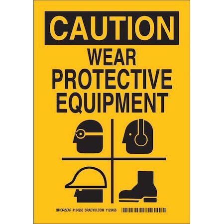 BRADY 124255 Caution Sign, 10X7", Black/Yellow, Legend: Wear Protective ...