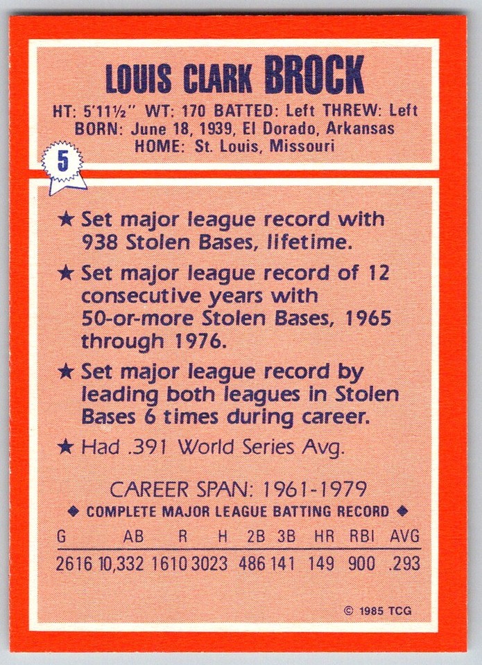 1985 Topps Woolworth All-Time Record Holders LOU BROCK #5 Cardinals HOF ...