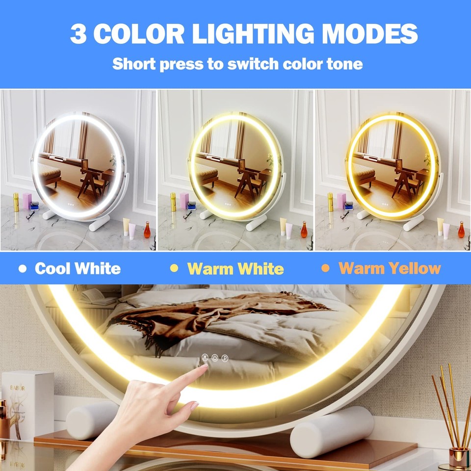 12" Round Vanity Mirror, LED Lights, Smart Touch 360°Rotation, Dimmable ...