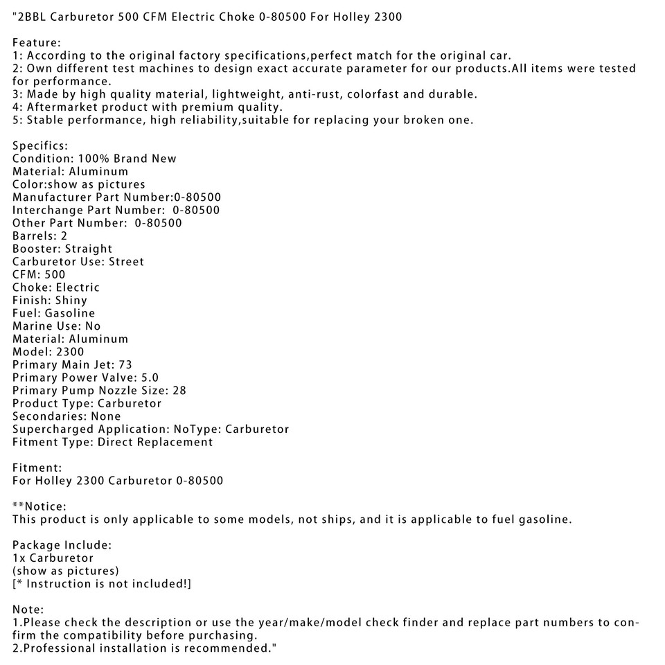 2BBL Carburetor 500 CFM Electric Choke 0-80500 For Holley 2300 | eBay ...