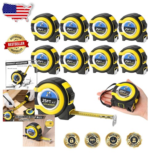 Durable 25ft Measuring Tape - 10 Pack Yellow Retractable with Fraction ...