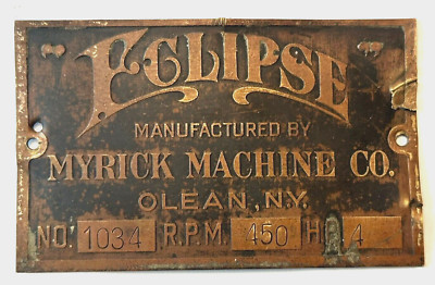 Brass Tag Name Plate for 4hp ECLIPSE Hit Miss Gas Engine Myrick Machine ...
