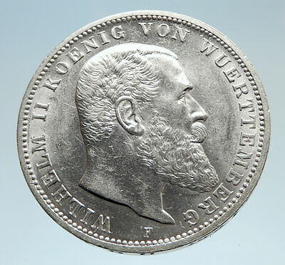 1914 Germany GERMAN STATES Wurttemberg w WILHELM II Genuine Silver Coin ...