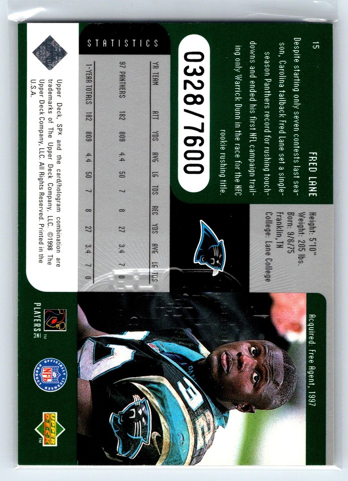 Fred Lane 1998 SPx Finite SN Carolina Panthers #15 | eBay