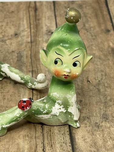 Vtg 2 Retro Pixie Elf Figurine Japan Green Elves Ladybug 1950s Gold MCM ...