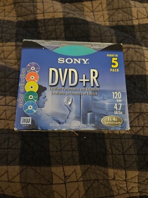 5 pack SONY DVD+R 120 min. 4.7 GB Color Collection Blank Recordable DVD ...