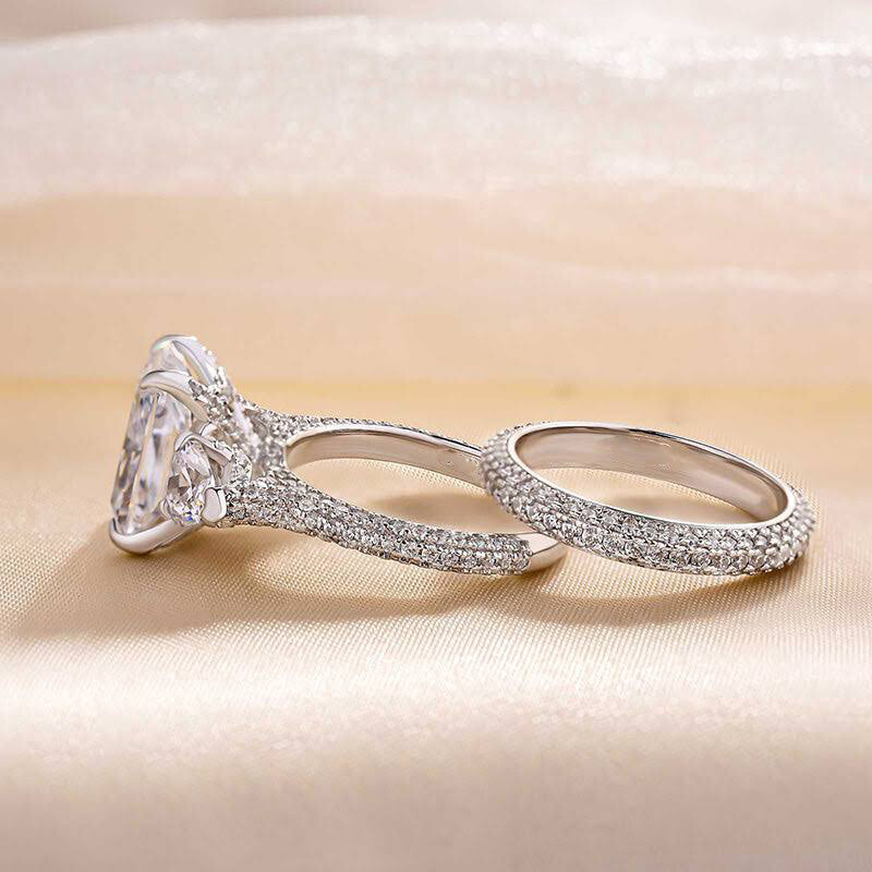 4 CT Radiant Three Stone Bridal Set Wedding Ring 14K White Gold Plated ...