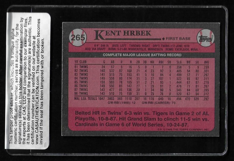 KENT HRBEK Signed Autographed 1989 Topps Card #265 AUTO Twins CAS ...