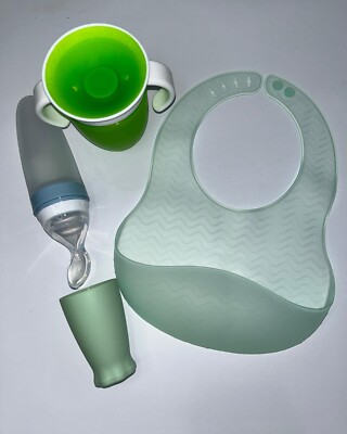 3Pc Silicone Weaning Set (GREEN). Bottle feeding spoon, Bib, Sippy Cup ...