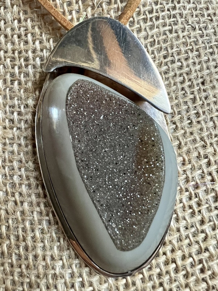 Vintage druzy smoky quartz sterling silver large art pendant by ...