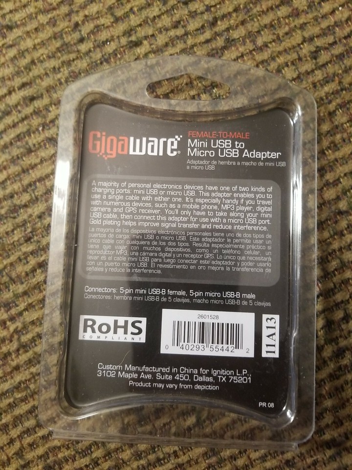 Gigaware Mini USB To Micro USB Adapter Female to Male 26-1528 New Old ...