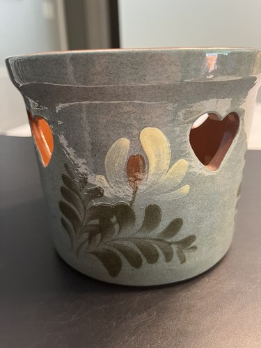 New Eldreth Redware Pottery Crock Planter Teal Floral w Heart Shape ...