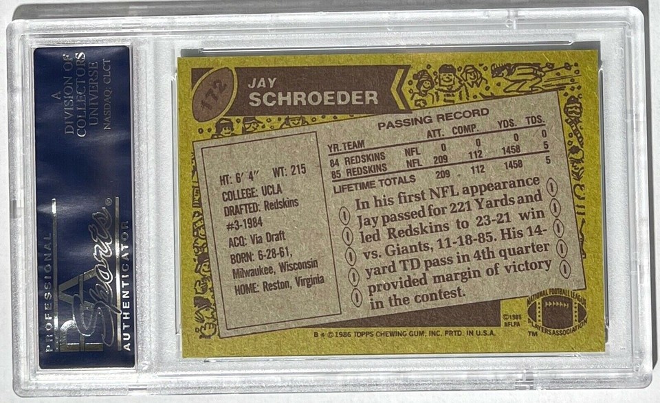 1986 Topps Jay Schroeder RC #172 PSA 9 MINT Washington Redskins POP 59 ...